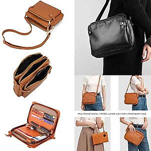 Crossbody Leather Shoulder Bags and Clutches, Women's 3 layer Multiple Compartments Clutch Purse Handbag Off-Crossbody (Brown)