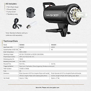 Godox SK400II Strobe Flash Light 400Ws with Standard Reflector, GN65 5600K 2.4G Bowens Mount with 150W Modeling Lamp, for Photography Studio, Portrait Shooting