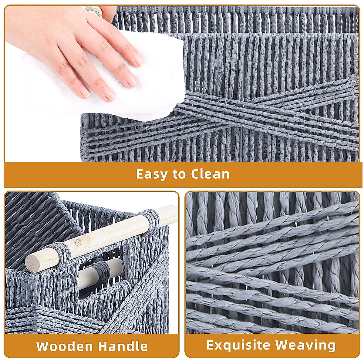 OUTBROS 2-Pack Woven Storage Baskets,Paper Rope Basket with Wood Handles, Decorative Boho Desk Wicker Storage Bins for Shelves, Organizer Container, Grey