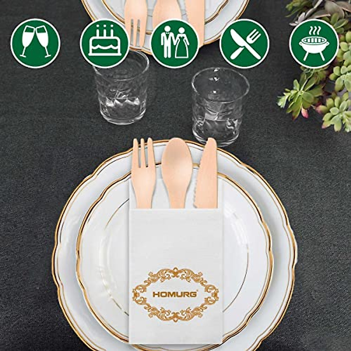 HOMURG Luxury Folded Paper Napkins with Wooden Silverware Bulk for 100 Guests, White Pocket Napkin Serviette and Wood Cutlery, Wedding Birthday Christmas Party Guest Towels & Flatware Set 300 Utensils