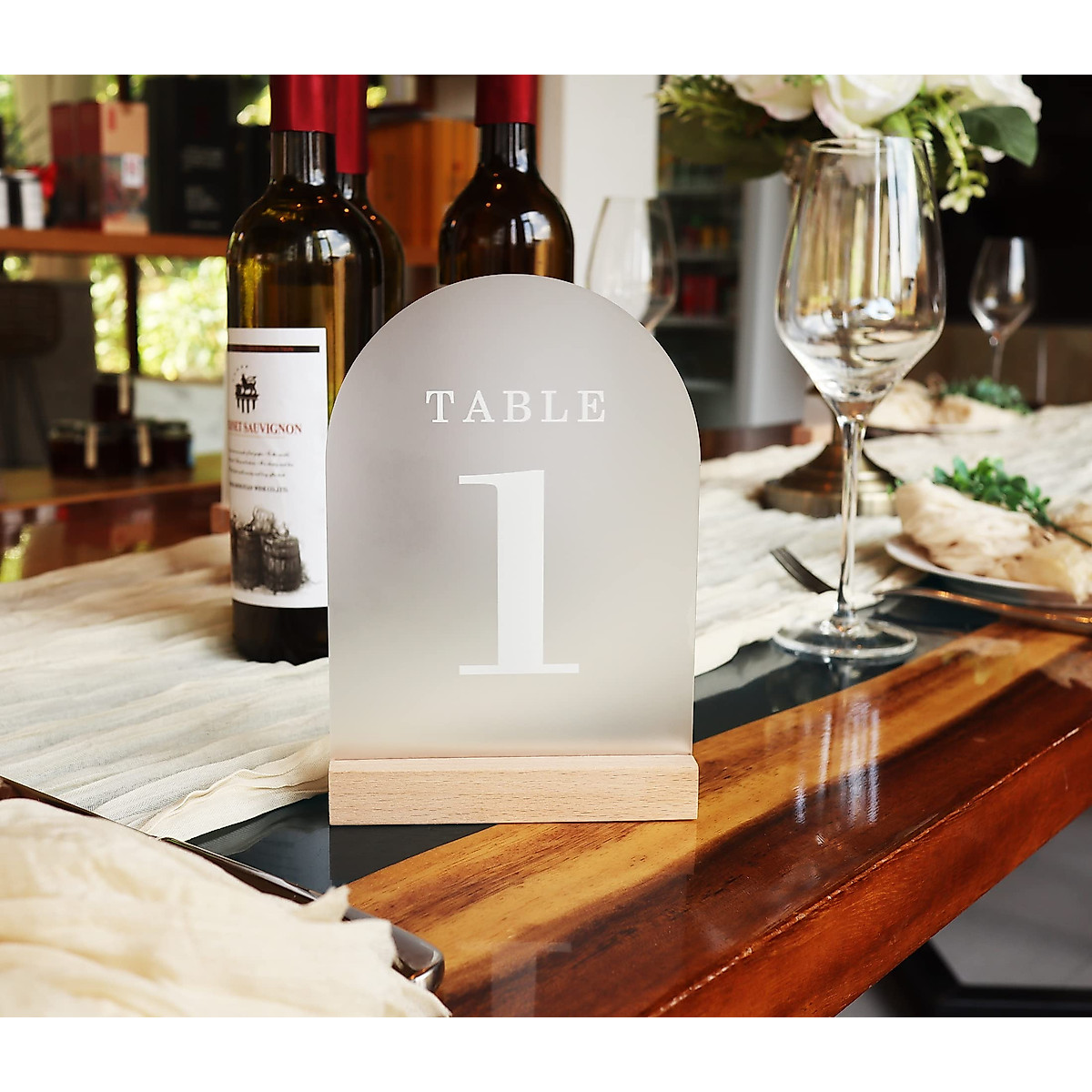 ORGANTEAM Frosted Arch Wedding Table Numbers with Wooden Stands 1-15, 5x7" Acrylic Signs and Holders, Perfect for Centerpiece, Reception, Decoration, Party, Anniversary, Event (Frosted, Number 1-15)