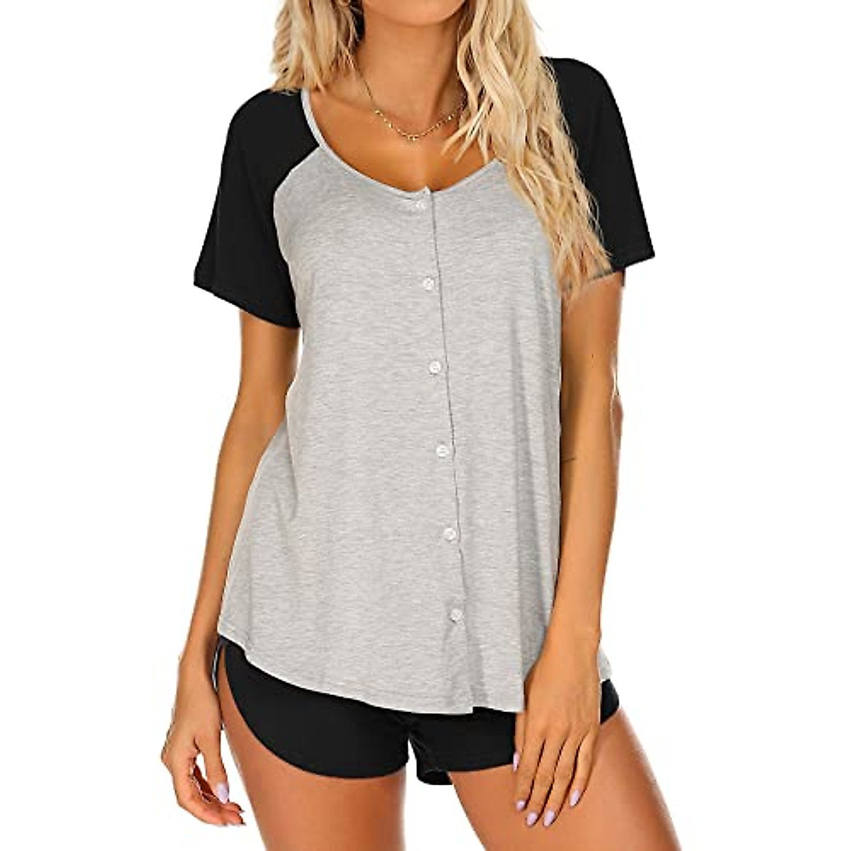 Ekouaer Women's Pajama Short Sleeve Sleepwear Soft Pj Set Top and Shorts Pajamas Set