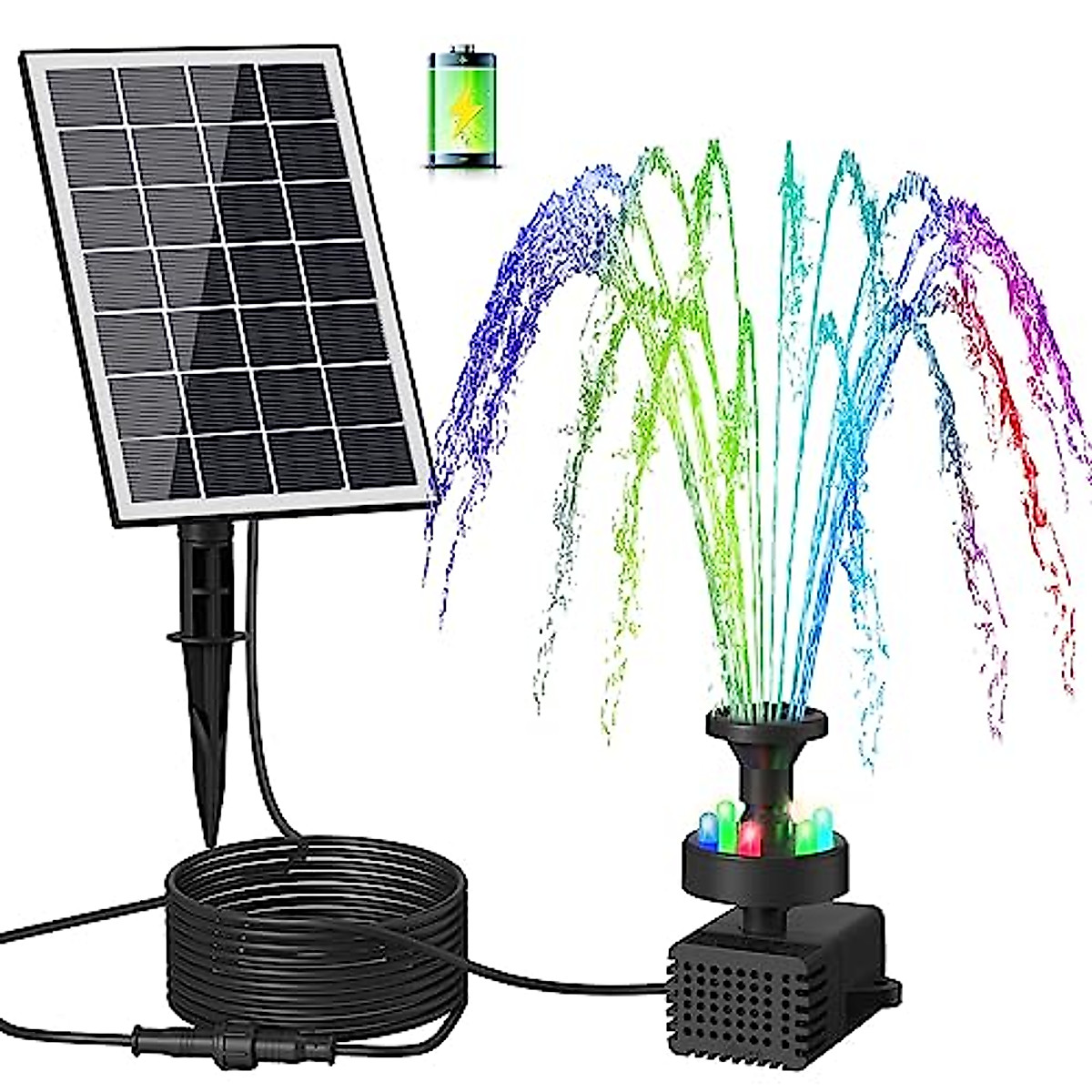 GAIZERL Solar Fountain with 2000 Battery - Work On Cloudy Days - 2023 Upgrade 3.5W Glass Panel Solar Powered Bird Bath Water Pump with Stakes, 16.4ft Cable, Colorful LED Lights, 7 Nozzles for Garden