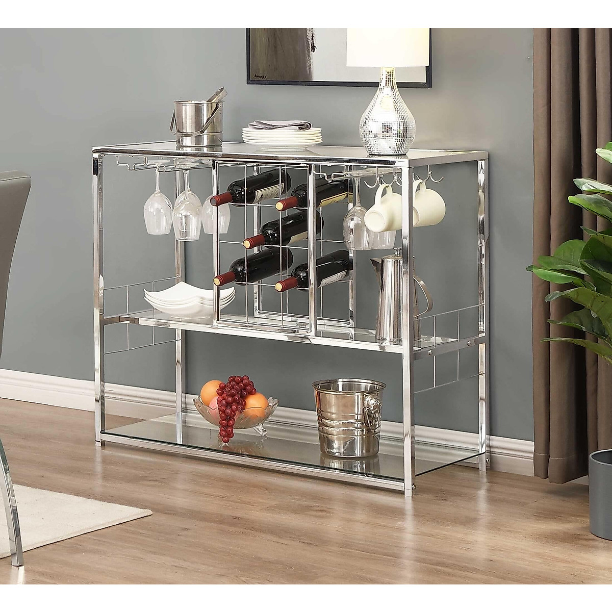 ASYA Wine Rack Table with Glass Holder, 3-Tier with Temered Glass Shelves, Modern Liquor Cabinet with Storage for Wine Bar, Living Room, Kitchen and Dining Room (Silver Finish)