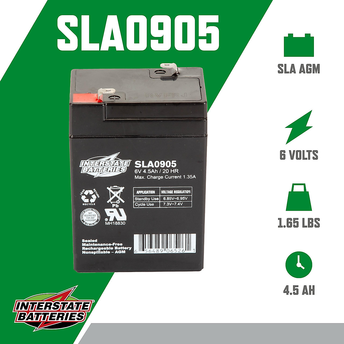 Interstate Batteries 6V 4.5Ah Battery (F1 Terminal) SLA AGM VRLA Rechargeable Replacement for Blood Pressure Monitors, Oxygen & Pulse Meters, Deer Feeders, Medical Devices (SLA0905)