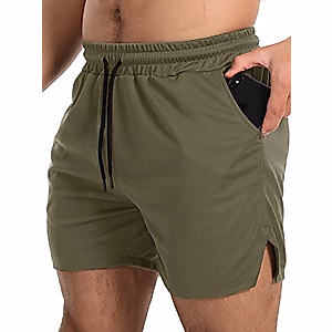 KLINNFENR Mens Gym Running Shorts Quick Dry 5 inch Inseam Athletic Workout Training Shorts with Reflective Zipper Pockets Towel Loop,Army Green S