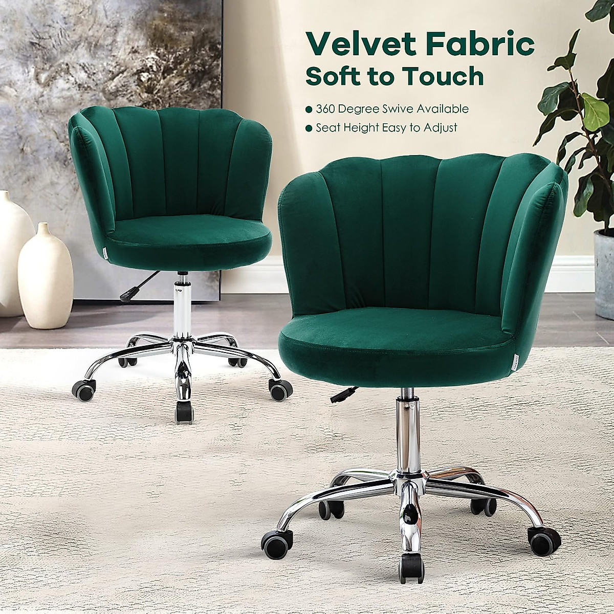 Recaceik Modern Velvet Chair, Adjustable Swivel Home Office Desk Chair, Green, 22D x 16W x 36H Inch, 250 pounds Weight Capacity