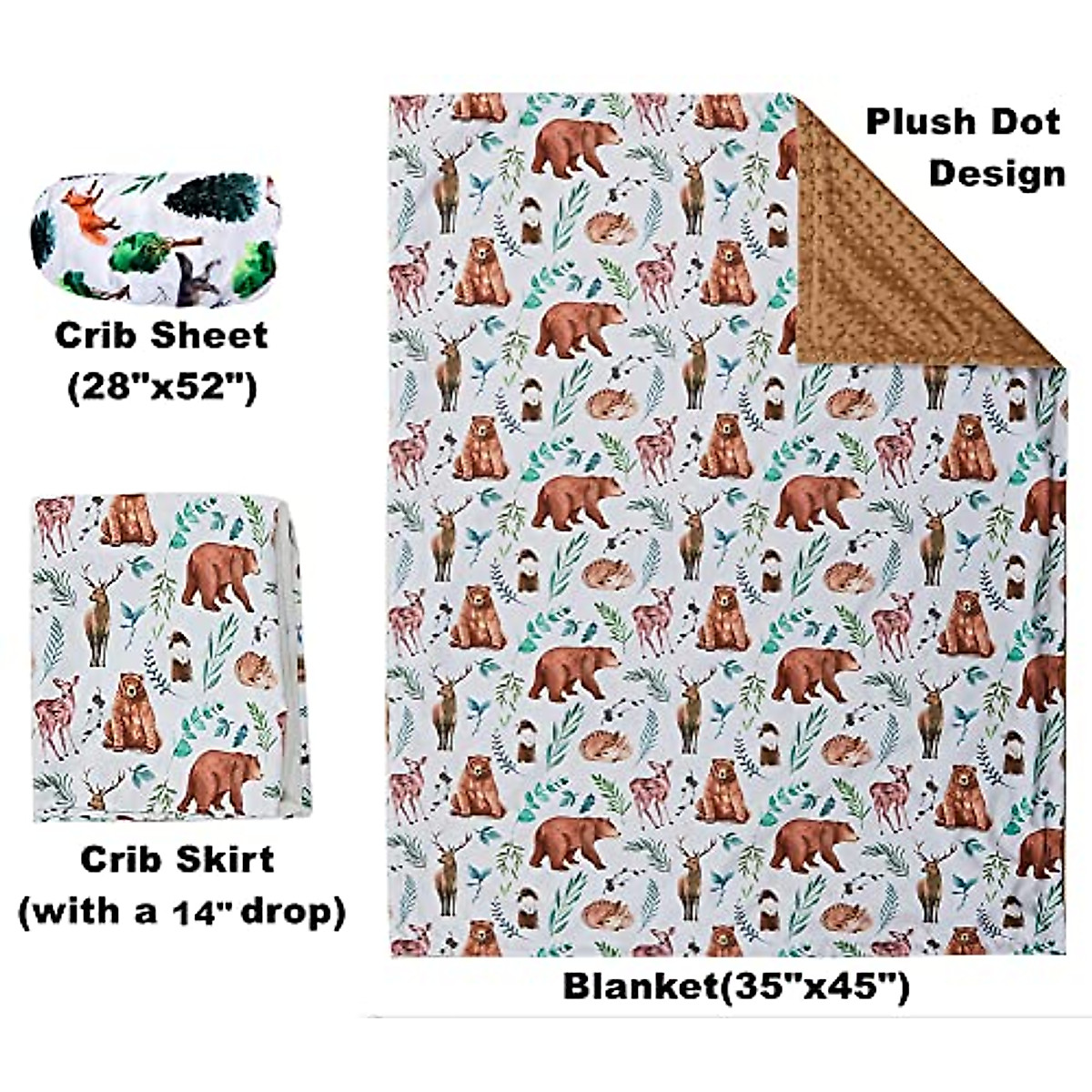 Jola's House 3 Piece Baby Crib Bedding Set Woodland Soft Bean Dot Neutral Unisex Nursery Bedding Set for Boys or Fitted Girls Crib Sheet Blanket and Crib Skirt