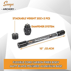 SUNYA Archery Bow Stabilizer for Compound Bow, Carbon Fiber Body Flexible Core with Damping System and Weights, Expedition Pro Series,Fit Bow Wrist Sling (Black Carbon, 10")