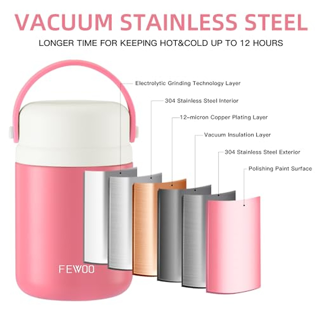 FEWOO Food Jar, 20oz Insulated Lunch Soup Container for Hot Cold Food for Kids Adults, Leak Proof Vacuum Stainless Steel Lunch Box with Folding Spoon for School Travel Outdoors (Pink)