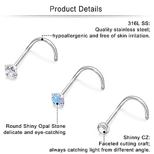 Cisyozi 22G Nose Rings Stud Piercing Jewelry Women Stainless Surgical Steel Nose Stud Silver Screw Twist Spiral Corkscrew Nose Nostril Ring Stud Hook Set Piercing Jewelry Women Men 1.5mm Diamond Opal