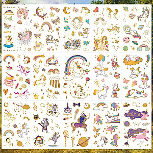 Aniuvot Glitter Temporary Tattoos for Girls Boys Kids Birthday Party Favor Supplies 16 Sheets, Children Gold Metallic Body Decoration Stickers - Rainbow, Butterflies, Space Styles…