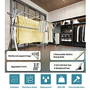 79 Inches Clothes Drying Rack Clothing with Windproof Design, Folding Indoor Outdoor,Heavy Duty Stainless Steel Laundry Drying Rack,Foldable Portable Garment Rack,20 Hooks,12 Clips,5 Shoe Drying Racks