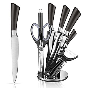 KIMIUP 9 Pieces Kitchen Knife Set with Block,5 Stainless Steel Knives and Scissors Peeler Knife Sharpener with Stand 360 Degree Revolving Base,Black Handle