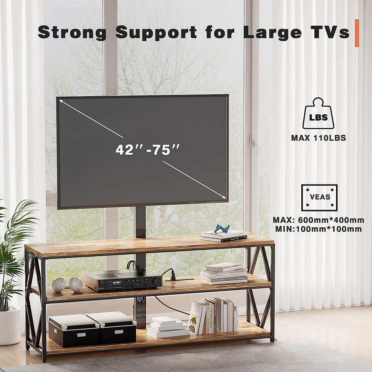 YESHOMY Swivel TV Stand with Mount for Television up to 75”, Entertainment Center with Power Outlet and Storage Shelves for Living Room, Firewood