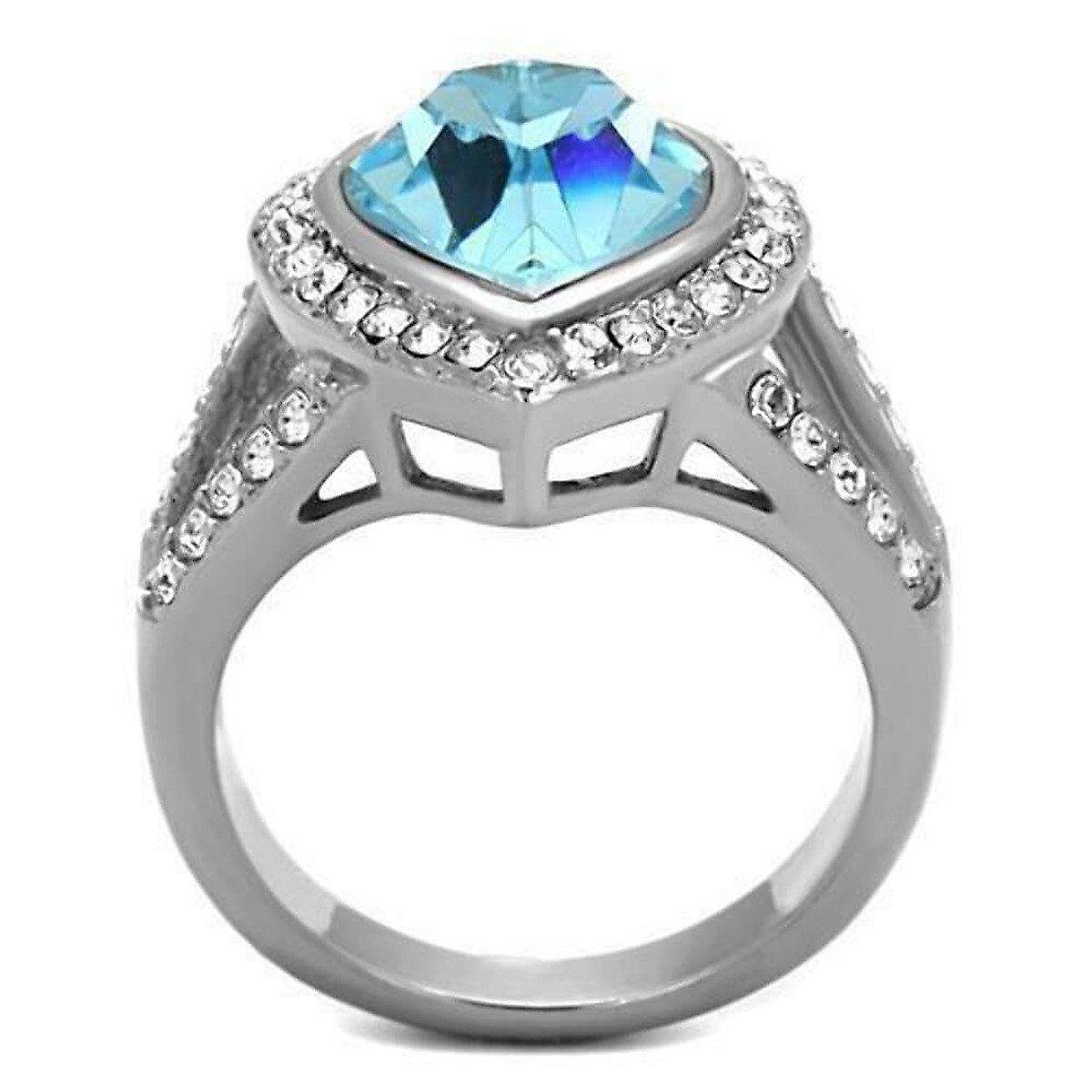 Women's Stainless Steel Baby Blue Aqua Aquamarine Topaz cz Halo Heart Bold Ring 7