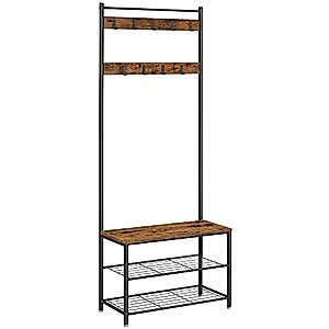 VASAGLE Coat Rack, Hall Tree with Shoe Storage Bench, Entryway Bench with Shoe Storage, 3-in-1, Steel Frame, for Entryway, 12.6 x 27.6 x 69.8 Inches, Industrial, Rustic Brown and Black UHSR41BX