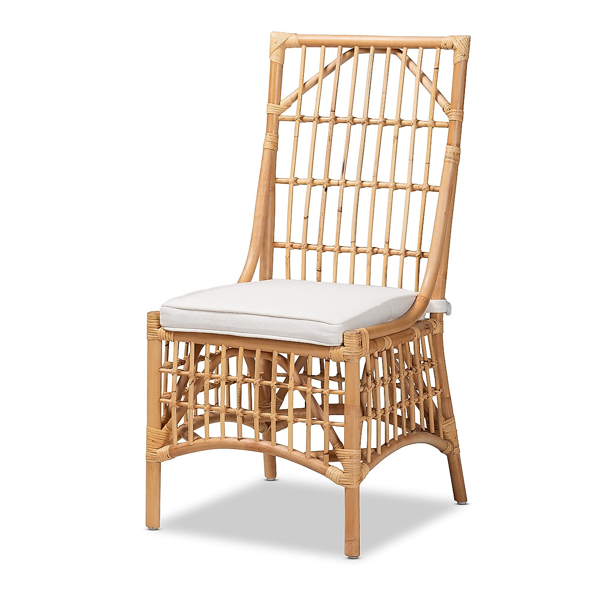 Baxton Studio Rose Dining Chair Dining Chair White Fabric Upholstered and Natural Brown Rattan Dining Chair