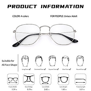 Pro Acme Hexagonal Non-Prescription Glasses Frame for Women Men Designer Square Round Metal Clear Lens Eyeglasses (Silver)