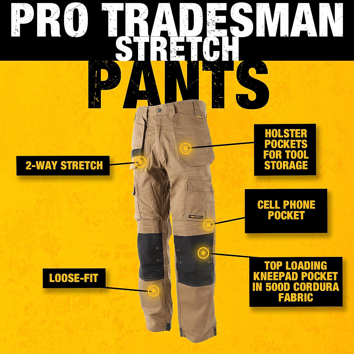 DEWALT Protradesman Men's Loose Fit, Holster Pocket, Cottonpoly Stretch Work Pants Tan W36/L33