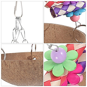Bird Hammock Coconut Shell Hamster Nest Parrot Cage with Chain Charm and Fake Flower for Pet Hanging Bed (5x11”)