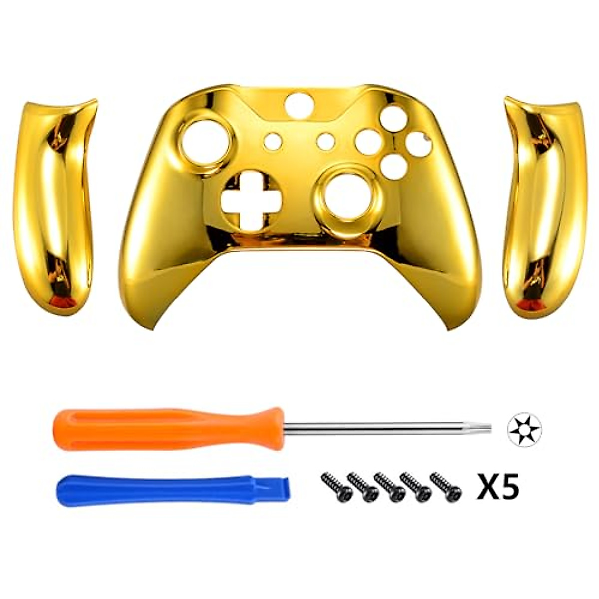 eXtremeRate Chrome Gold Top Shell Front Housing Faceplate Replacement Parts with Side Rails Panel for Xbox One X & One S Controller (Model 1708)