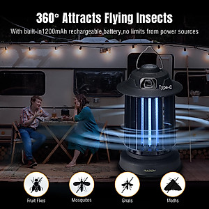 Raddy MZ-1 Outdoor Bug Zapper, Electric Mosquito & Fly Zapper, Mosquito Killer, with 24-Hour Auto Self-Cleaning Brush, 1200mAh Rechargeable Battery, Flame Light, for Patio, Camping, Garden, Farm