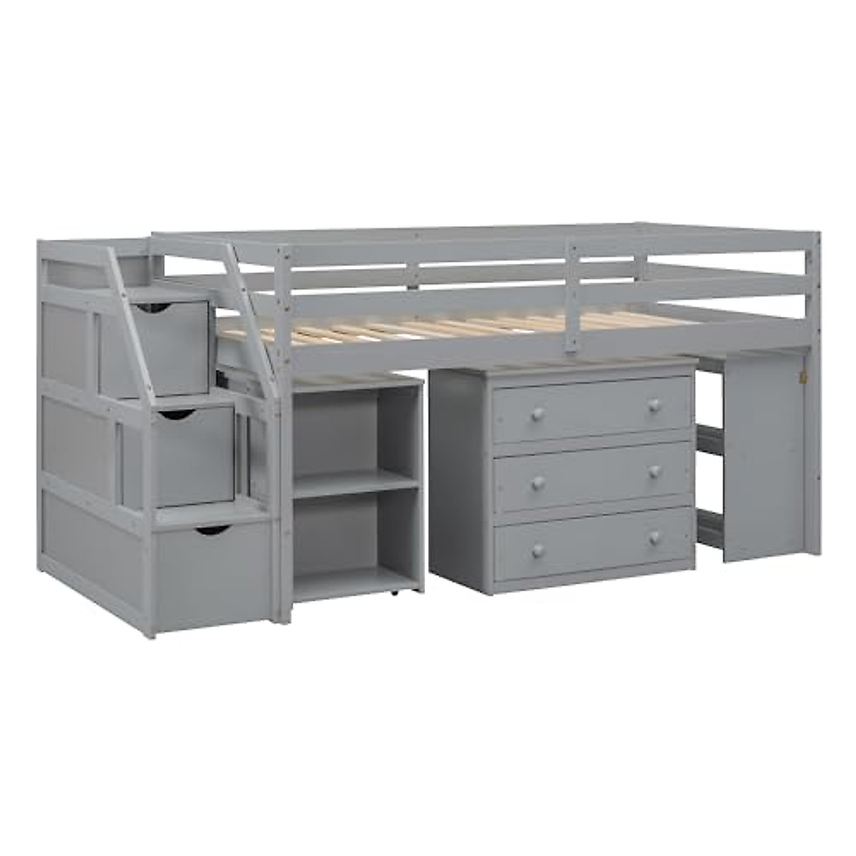 VilroCaz Twin Size Low Loft Bed with Retractable Writing Desk and 3 Drawers, Wooden Loft Bed Frame with Storage Stairs and Shelves for Kids Teens Boys Girls, Sturdy Slats Support (Grey-SRT)