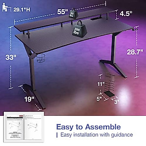 Mr IRONSTONE Gaming Desk 55 Inch with LED Lights & Power Outlets, Computer Gamer Desk with Full Mouse Pad & Carbon Fiber Surface, Y Shaped Leg Gamer Table with Monitor Stand, Gift for Boys Men