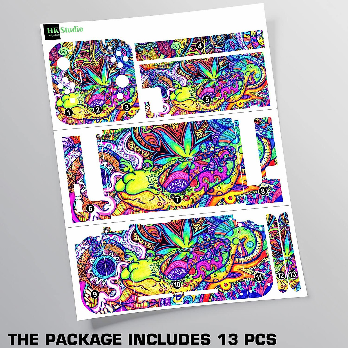 HK Studio Game Console Switch Skins - Hippie Game Console Switch Stickers with No Bubble, Waterproof - Game Console Switch Wrap Skin - Including Skin for Joy-Cons, Dock, Grip and Console