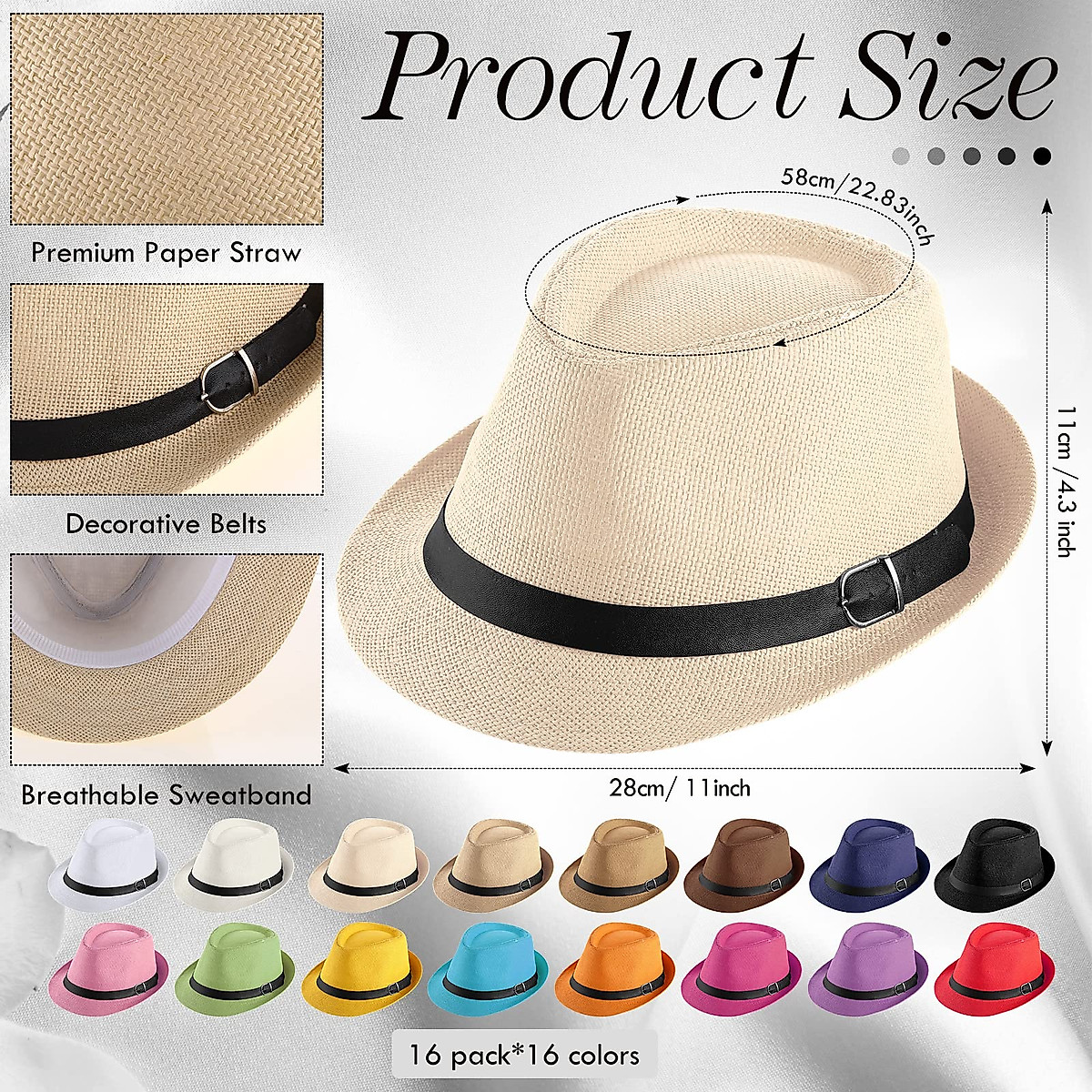 Mepase 16 Pcs 1920s Straw Hats Bulk Men Women Short Brim Caps Dress Hats Panama Style Hat Trilby Hats Western Straw Hats Colorful Party Hats Sun Hat for Summer Camping Garden Beach Fishing
