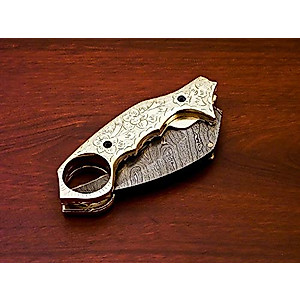 Handmade Damascus Folding Pocket Knife Karambit Knife Hunting Knife Handle Brass Steel Folding with Leather Sheath 1083