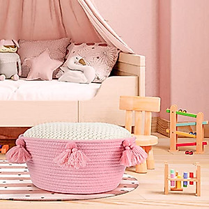 Sarmyarc Cotton Rope Basket Boho Woven Basket Cute Round Closet Storage Bins Organizer with Macrame Tassel for Baby Toys Diaper Dog’s Toys Storage Organizer Nursery Decor (pink)