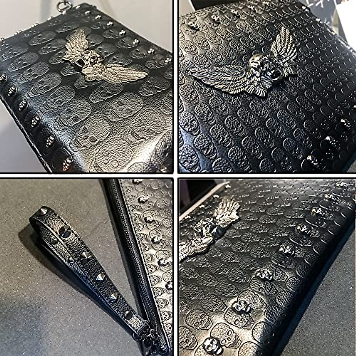 Downupdown Men&Women Clutch Skull Rivet Purse Punk Clutch Handbags Wallet with Shoulder Strap Messenger Bag Party Purse Phone Bag
