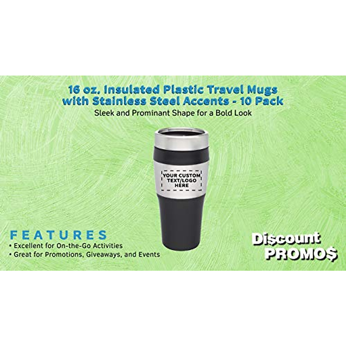 Personalized 16 oz. Insulated Plastic Travel Mugs - 10 Pack - Custom Text, Logo - Stainless Steel