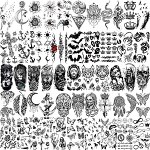 VANTATY 63 Sheets Realistic Black Rose Peony Flower Temporary Tattoos for Women Adults Body Art Arm, Snake Fake Floral Sketch Sleeve Tattoo Sticker