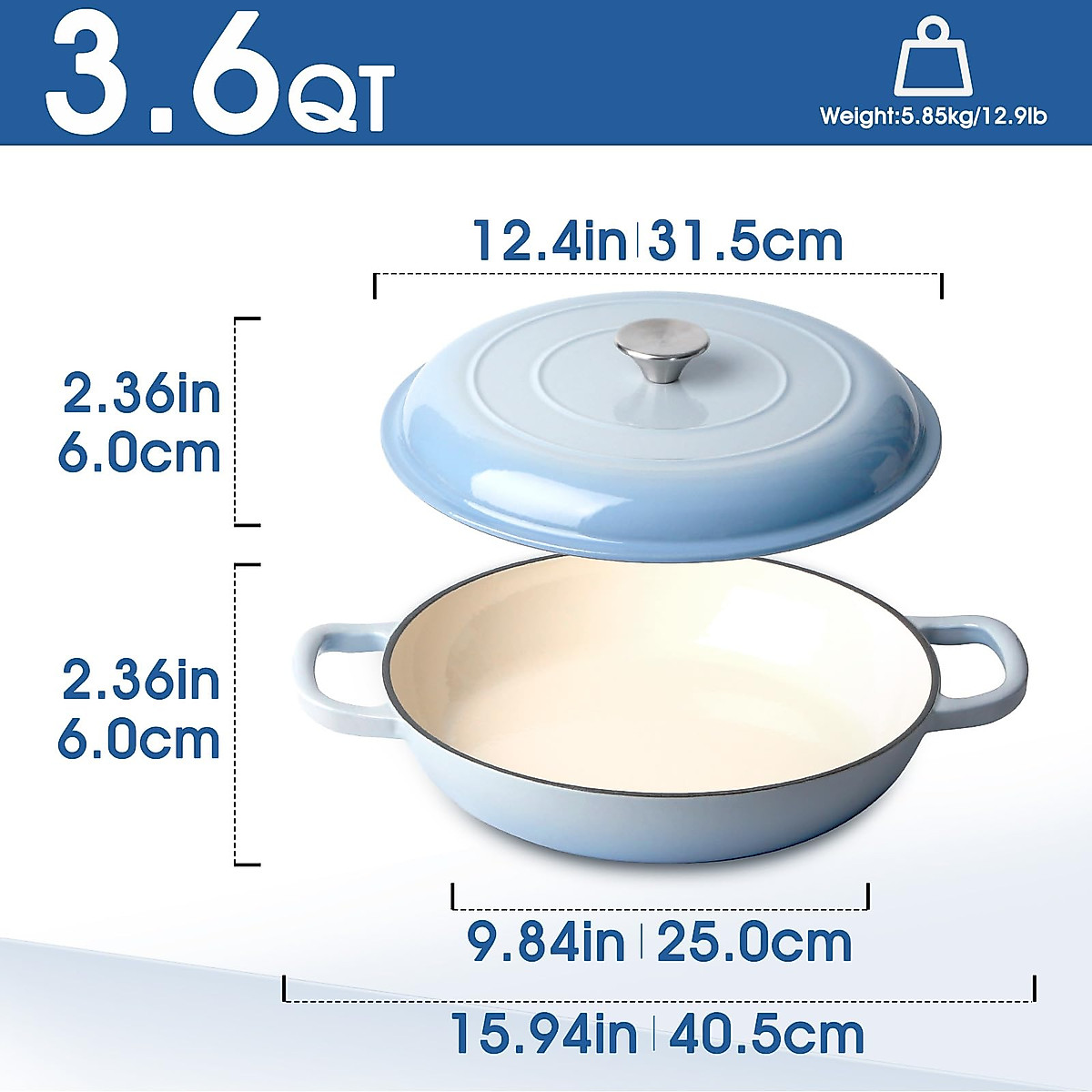 NUTRIUPS 3.6 Quart Braiser Enameled Cast Iron Dutch Oven Pot with Lid, Dutch Oven Cast Iron Non Stick Larger Handle, Cast Iron Braiser Pan with Lid Enameled Dutch Oven (Gradient Blue)