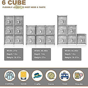 LUKYTOWER Cube Storage Organizer Shelf with 6 Printed Bins + Labels, Cubby Storage Organizer with Bins, Large Capacity Shelves for Storage,Closet, Living Room, Dorm, Yarn