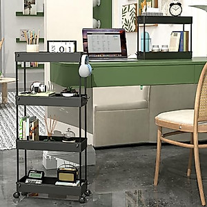 SPACEKEEPER Slim Rolling Storage Cart 4 Tier Organizer Mobile Shelving Unit Utility Cart Tower Rack for Kitchen Bathroom Laundry Narrow Places, Black