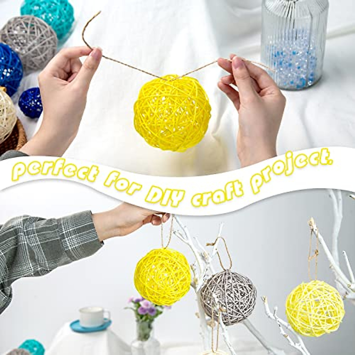 DomeStar Extra Large Rattan Balls, 4 Inches Wicker Balls Decorative Balls Natural Decorative Wicker Rattan Balls Orbs Vase Fillers Yellow, White, Grey and Lemon