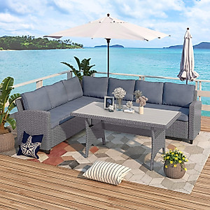 DHPM Patio PE Wicker Furniture Set Outdoor Brown Rattan Sectional Conversation Sofa Chair with Table & Soft Cushions, Gray