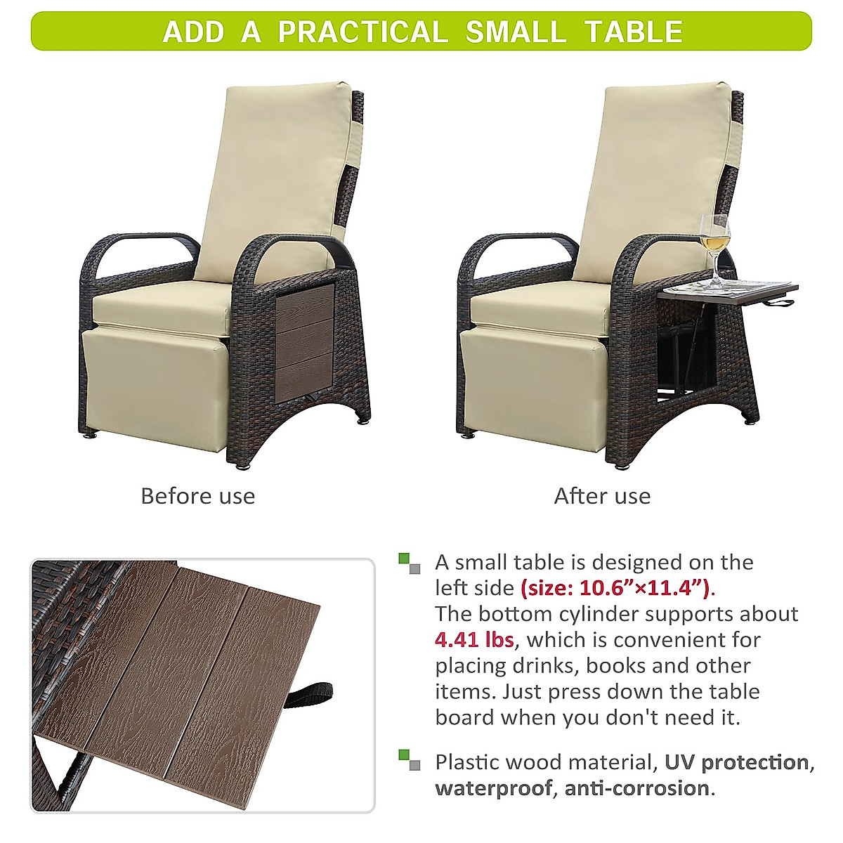 Skypatio Indoor/Outdoor Wicker Recliner Chair, Adjustable Backrest Patio Recliner Lounge Chair with Flip Side Table, Footrest and Soft Cushion(Khaki)