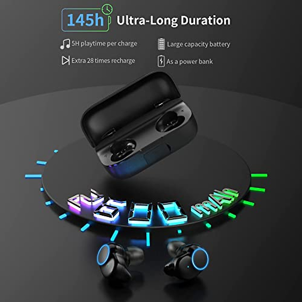 Wireless Earbuds Bluetooth, Bluetooth Earbuds 145H Playtime True Wireless Noise Cancelling Earbuds, Bluetooth Earphones Earbud & in-Ear Headphones for Android & iOS Waterproof w 2600mAh Power Bank