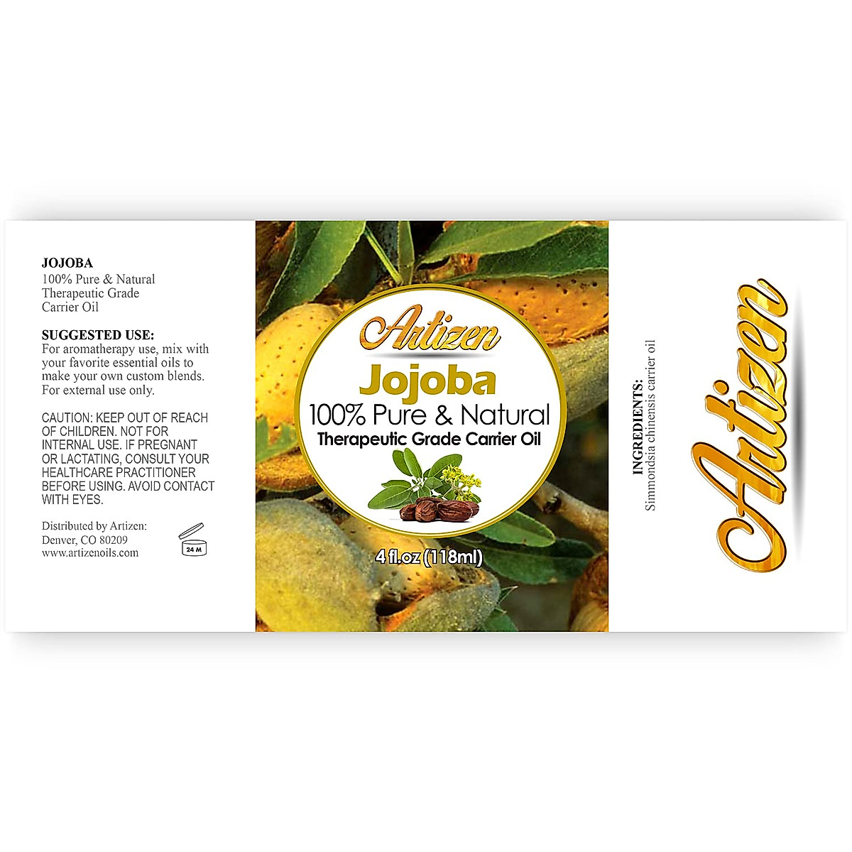 Artizen 100% Pure Jojoba Oil (Huge 4OZ Bottle) All-Natural Jojoba Oil - Cold Pressed - Perfect Moisturizer for Hair, Skin, Face, and Hair