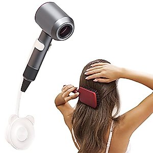 Adjustable Hands Free Hair Dryer Holder Stand - 360 Degree Rotation Blow Dryer Rack for Hair Drying, Universal Modern Wall Mounted Hair Dryer Bracket, White