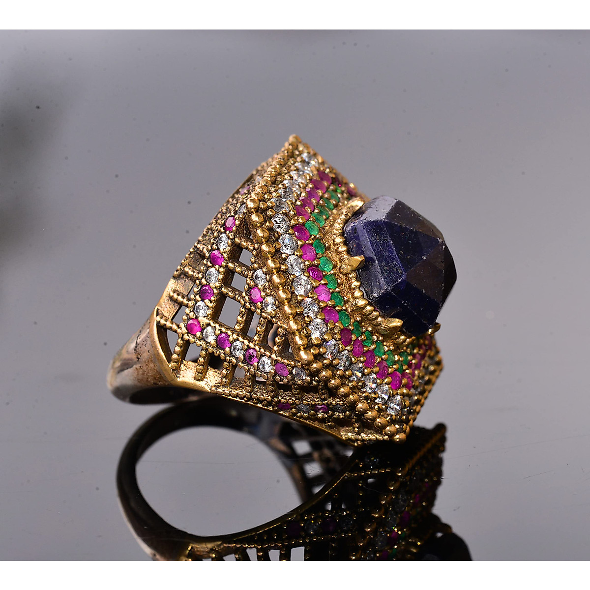 Falcon Jewelry Real Natural Sapphire Gemstone Ring, 12.35 Carat, Sterling Silver Unisex Hurrem Sultan Ring