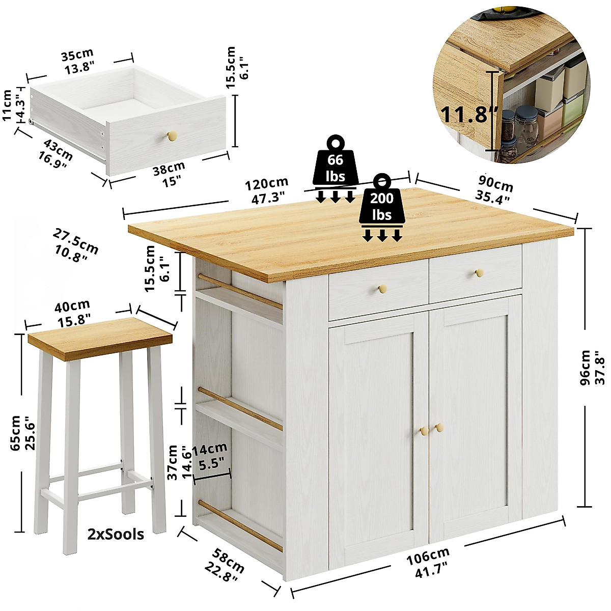 IRONCK Kitchen Island with Storage, with 2 Stools, Ample Storage Space with Power Strip, Large Countertop with Drop-Leaf Design, 2-Door Cabinet and 5 Open Side Racks/2 Utility Drawers, White