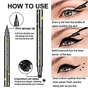6 Styles/Set Pen Eyeliner Stamp Wing Liner, Waterproof, Double Sided & Long Lasting Eye Pencil, (Heart/Moon/Star/Flowers) Shape Stamp Pen, Super Slim Gel Felt Tip High Black Pigment (6PCS)