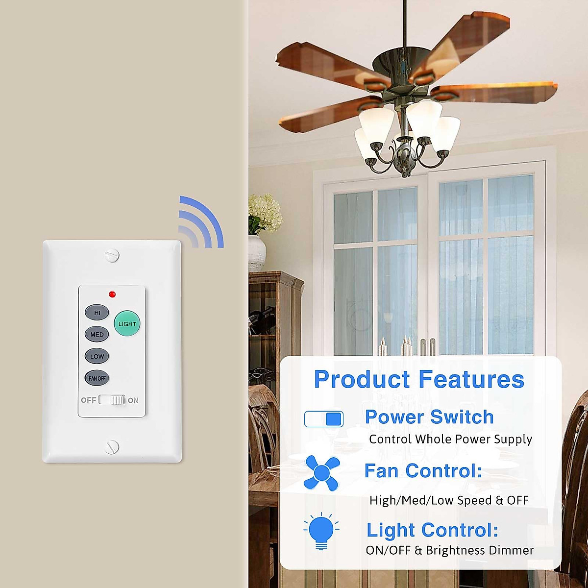 Ceiling Fan Remote Control Kit, Universal Wall Mount Fan Switch Replacement for Hampton Bay Harbor Breeze Hunter, UC9050T Wired Transmitter & R28 Receiver Kit, Fan 3 Speed Adjustable and Light Dimmer