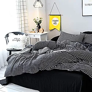 LAMEJOR Duvet Cover Sets Queen Size Striped Pattern Reversible Luxury Soft Bedding Set Comforter Cover (1 Duvet Cover+2 Pillowcases) Black/White